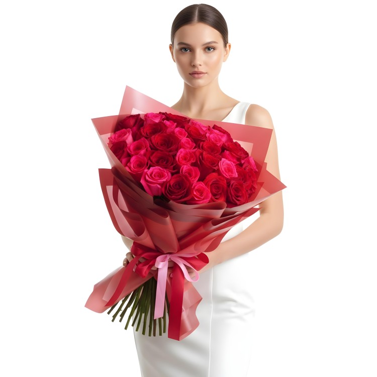 30 Red & Hot Pink Roses Bouquet – Stylish Romantic Mixed Roses Arrangement