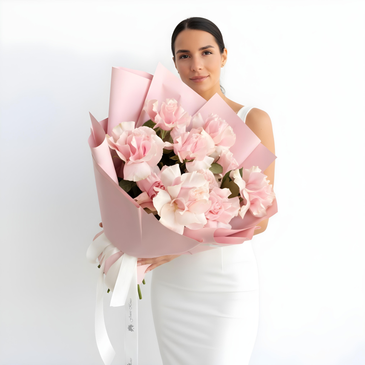 Pink Rosed Cloud Fresh Hand-Tied Flower Bouquet – Light Pink Roses by ...