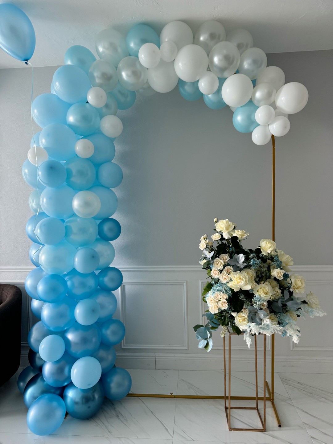 Cloud Balloon Semi Arch With Flower Arrangement