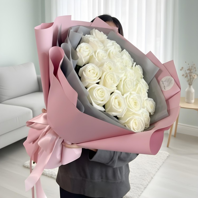 25 Fresh White Nova Roses Hand Tied Bouquet